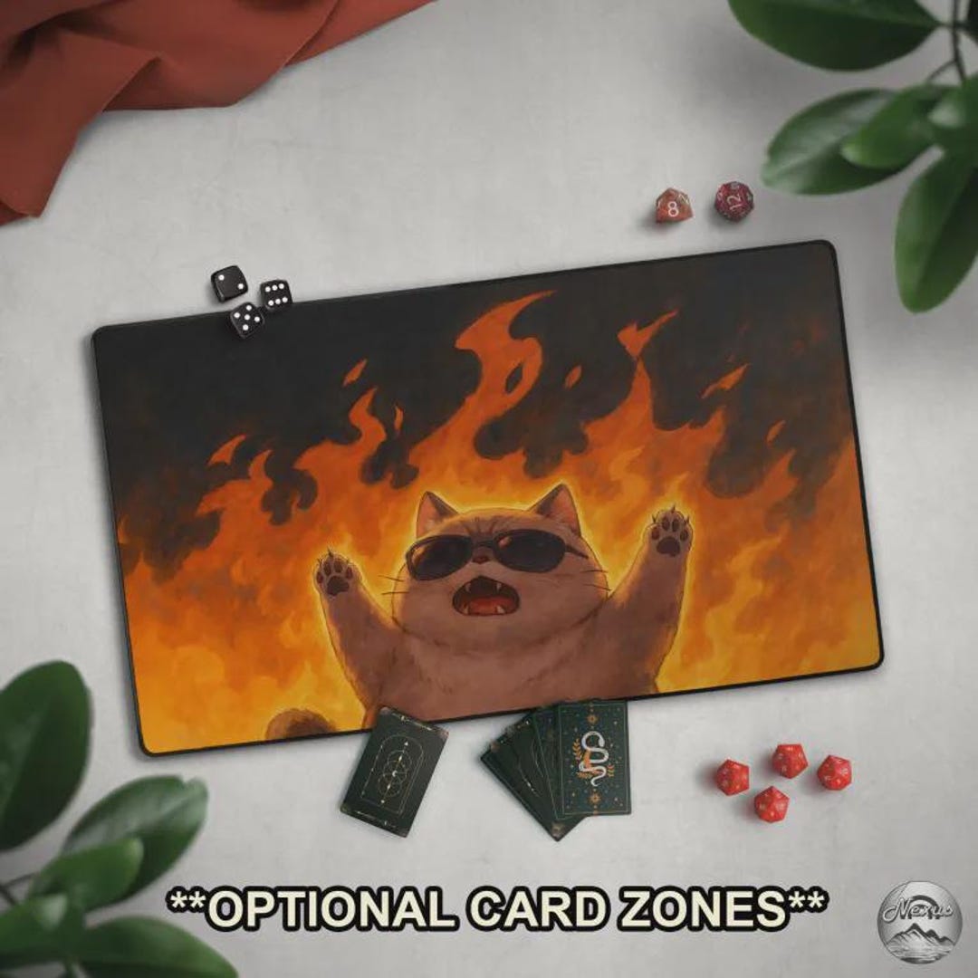 Funny Cat With Chaos & Fire Playmat, Meme Cat With Flames TCG Mat With ...