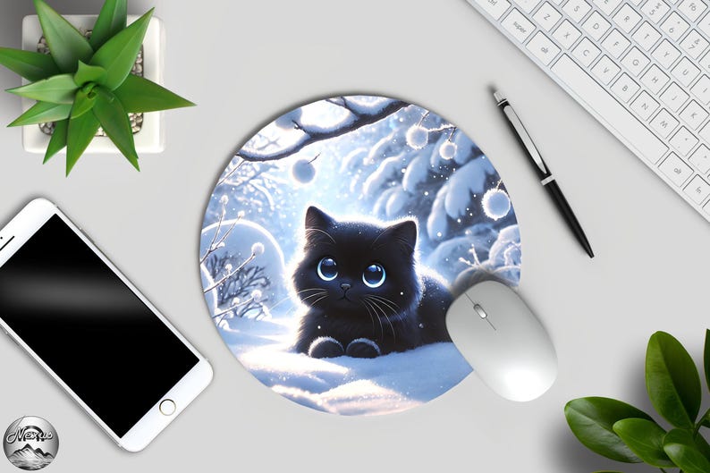 Desk Mat: Winter's Curiosity - Cute Black Cat in Snow Mousepad, Kawaii ...