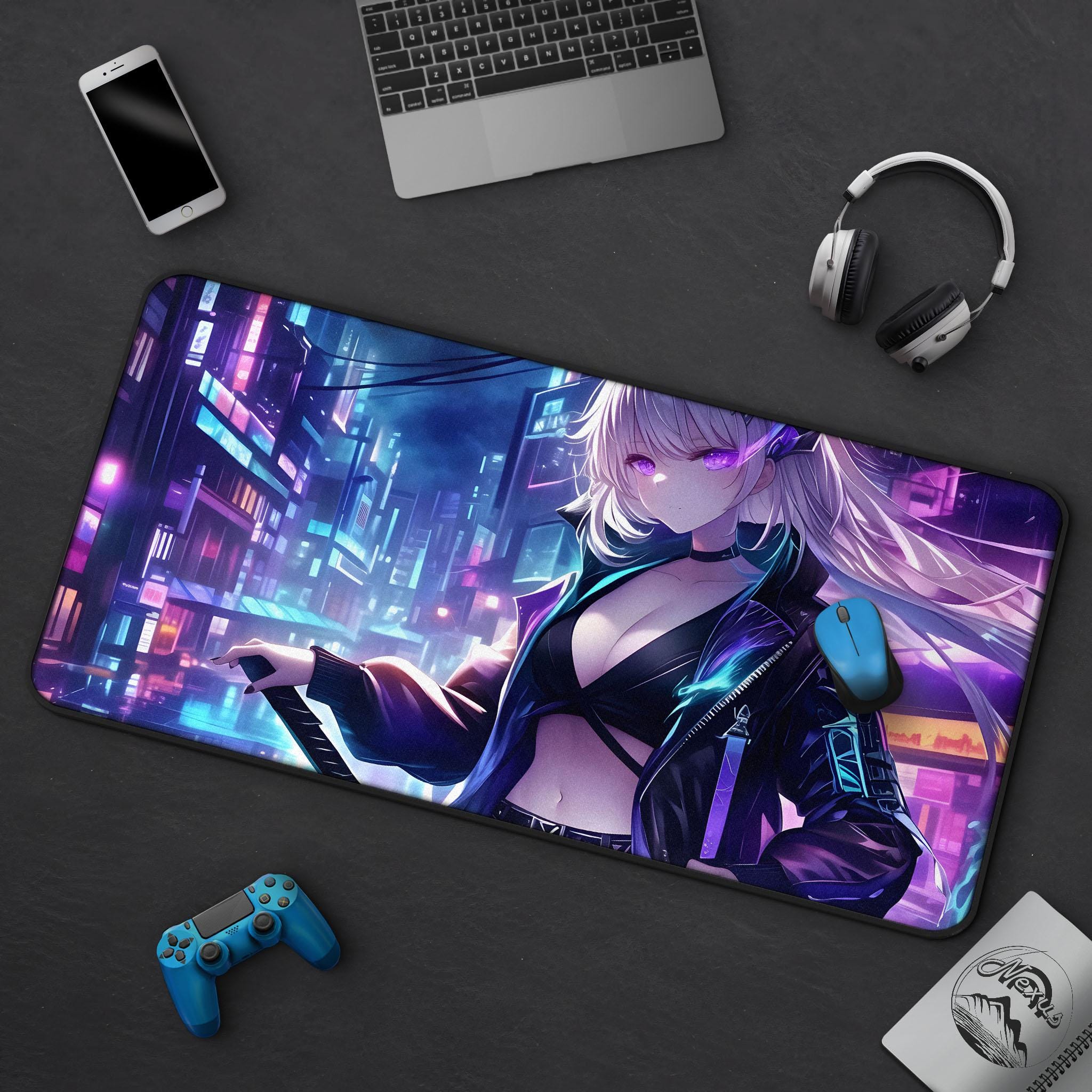 Anime Girl in Cyberpunk Aesthetic Mousepad, Cool Waifu Neon Synthwave ...