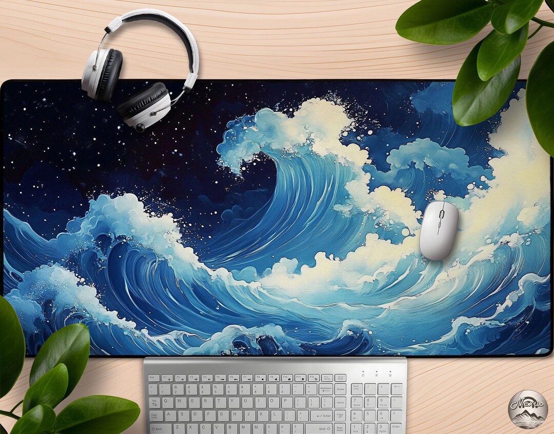 Desk Mat: Ocean Waves & Starry Night Sky, Calming Blue Waves Mousepad ...