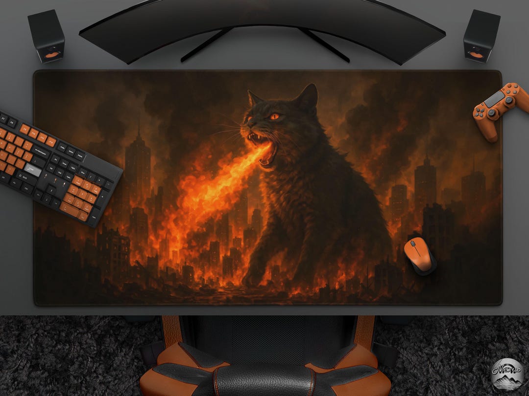 Giant Fire Breathing Cat Mousepad, Funny Animal Art Desk Mat, Cat ...