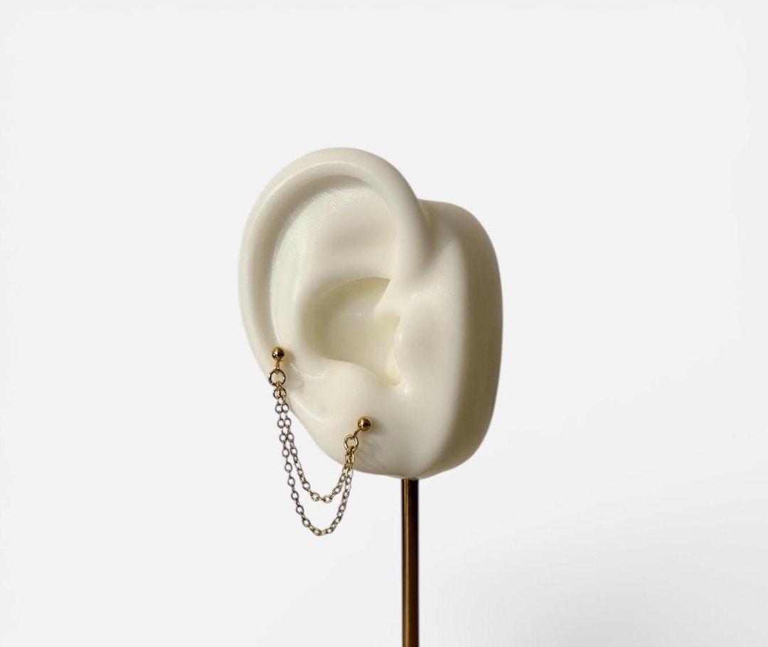 18k Double Piercing Chain Stud Earrings | Connected Earrings With Chain ...