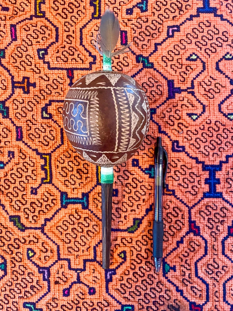 Engraved Shipibo Pattern Maraca Large Rattler With Parrot Feathers ...