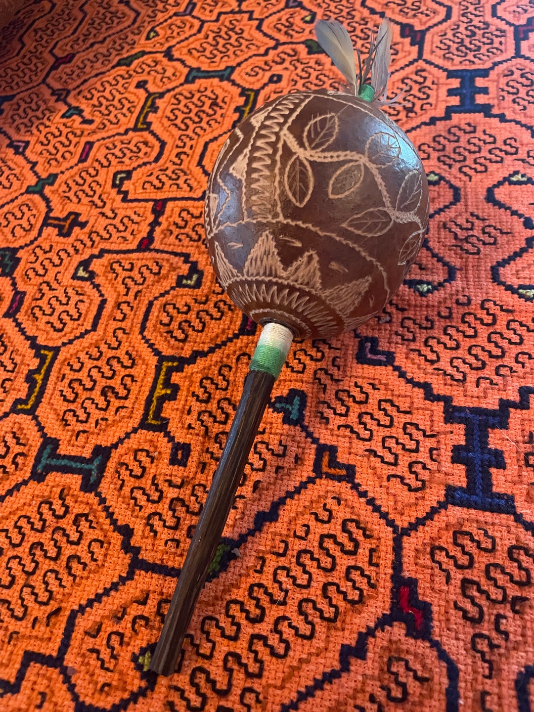 Engraved Shipibo Pattern Maraca Large Rattler With Parrot Feathers ...