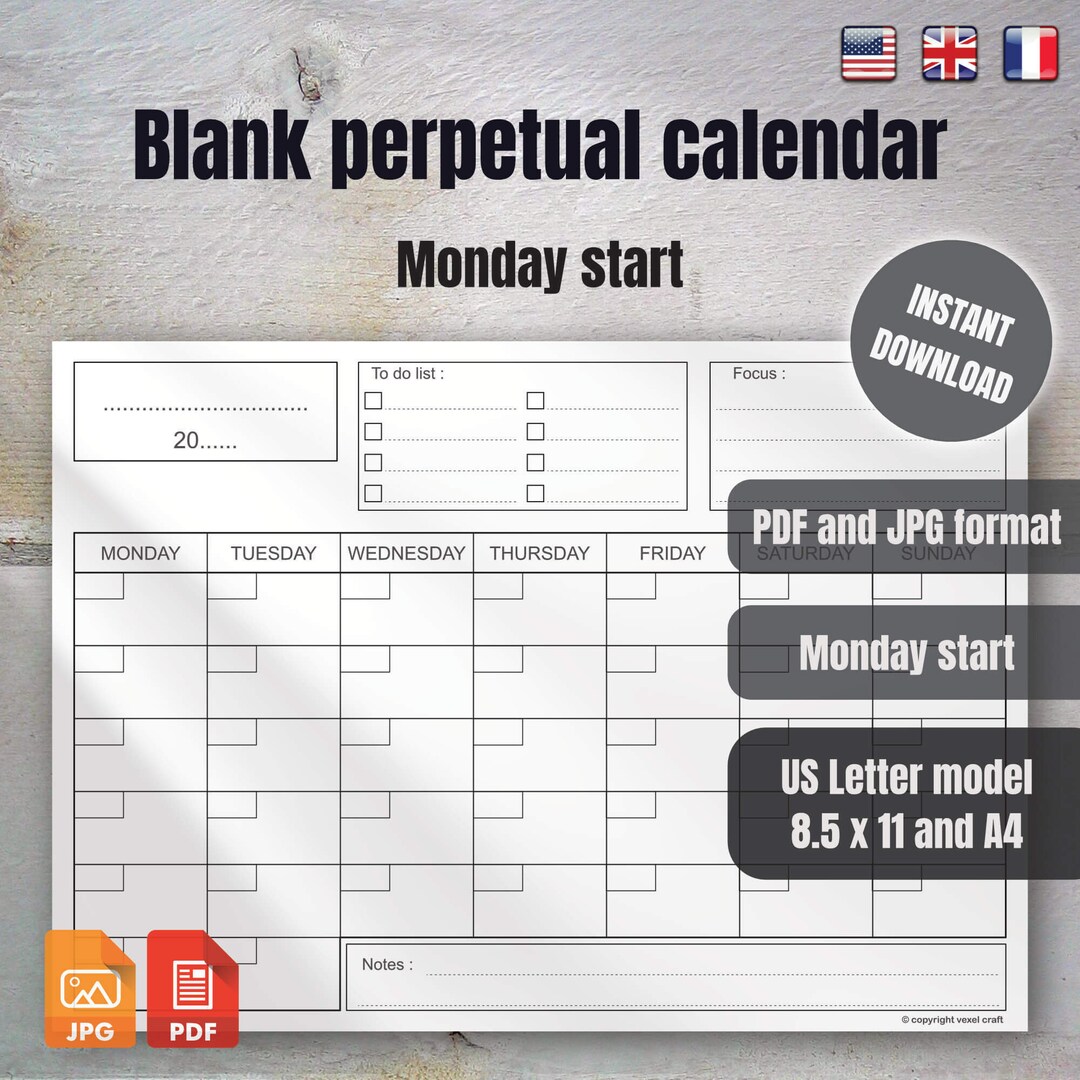 Printable Blank Perpetual Monthly Calendar 2024 - 2025... Format 8.5 X ...