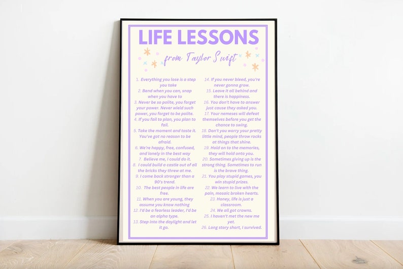 Life Lessons From Taylor Swift Lyrics Poster Office Decor - Etsy