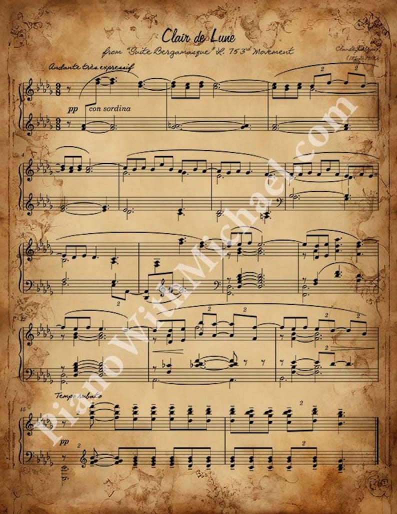 Clair De Lune, Debussy - Vintage Style Digital Sheet Music for Artwork ...