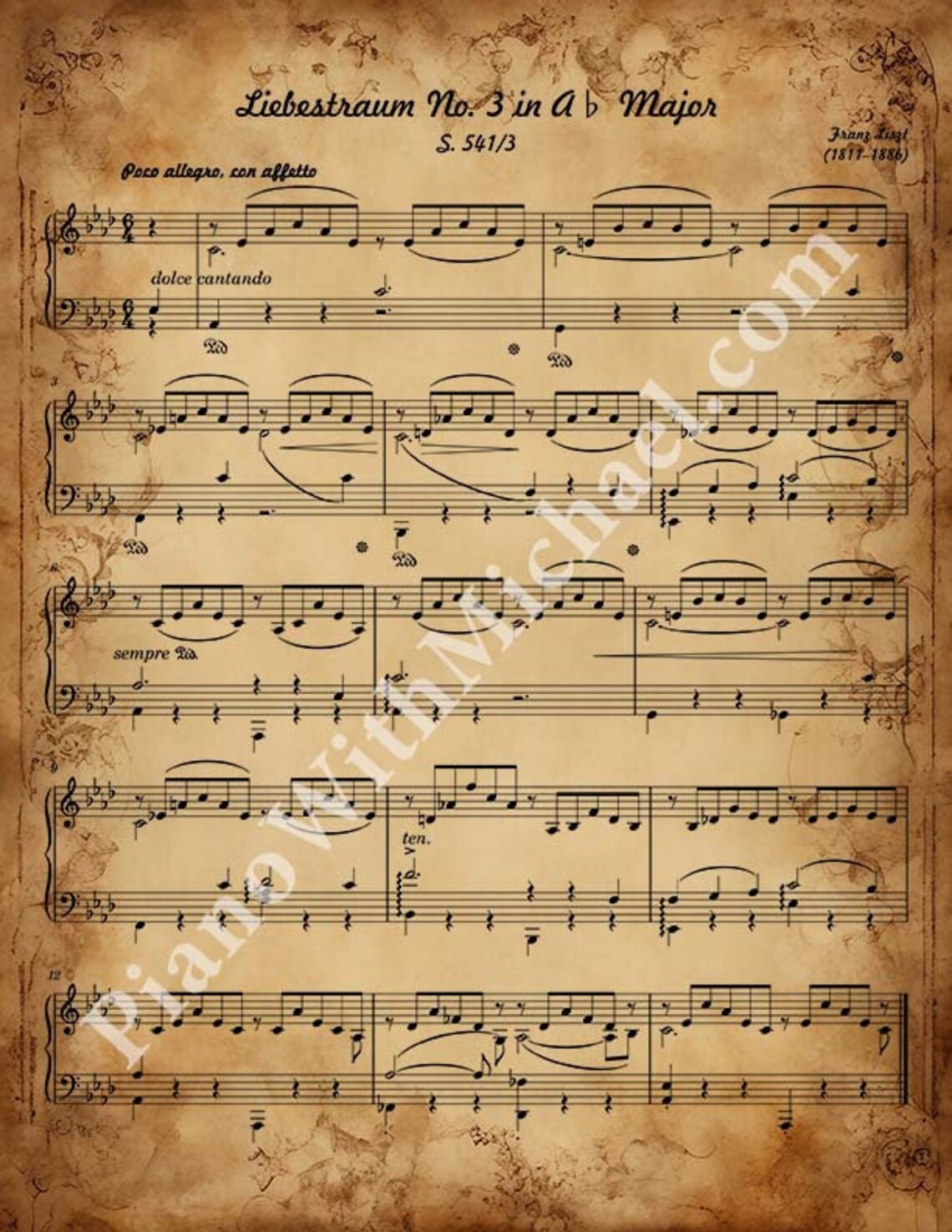 Liebestraum, Franz Liszt - Vintage Style Digital Sheet Music for ...