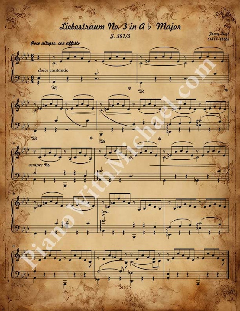 Liebestraum, Franz Liszt - Vintage Style Digital Sheet Music for ...