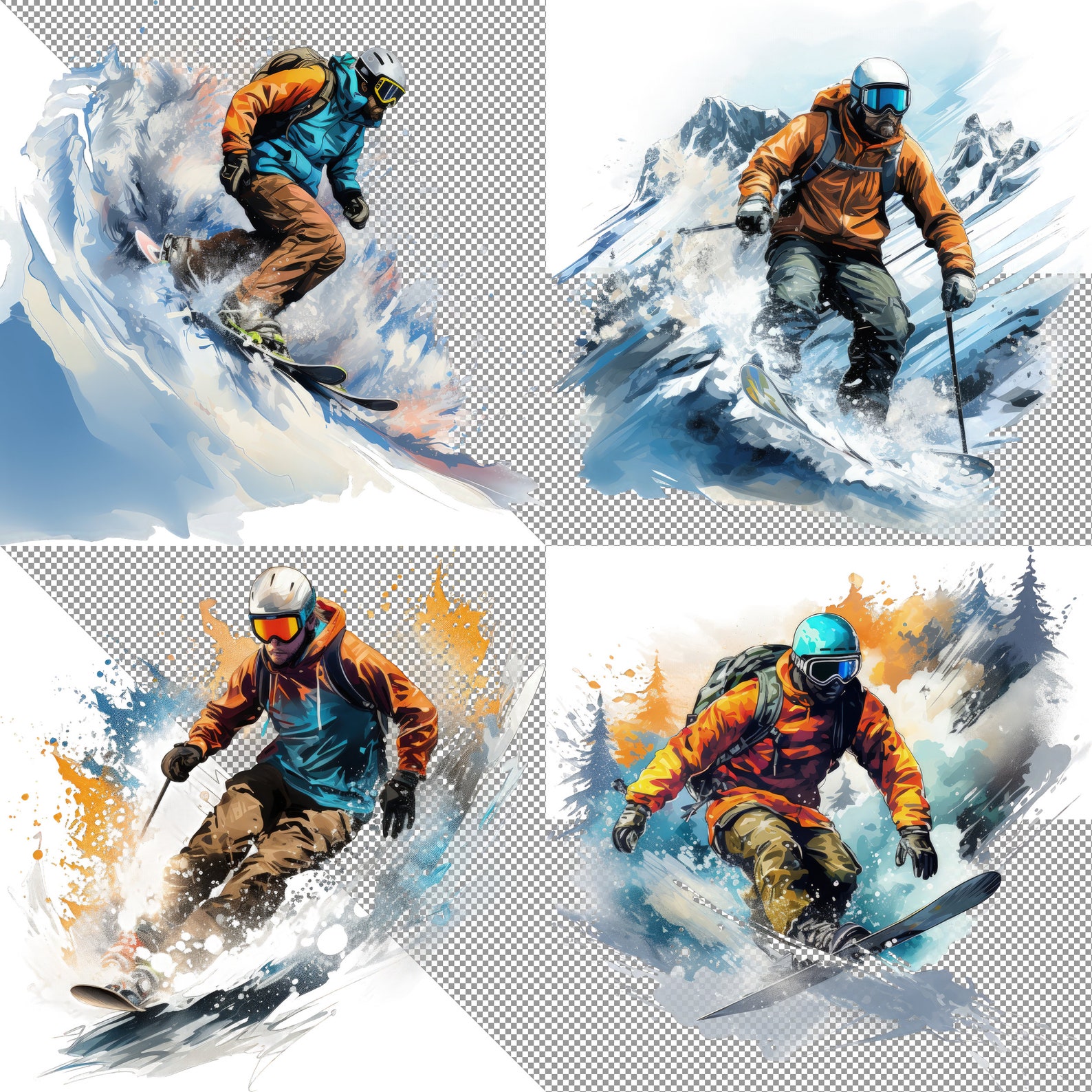 Snowboarder's Descent Clipart, Watercolor Winter Sports Clipart ...
