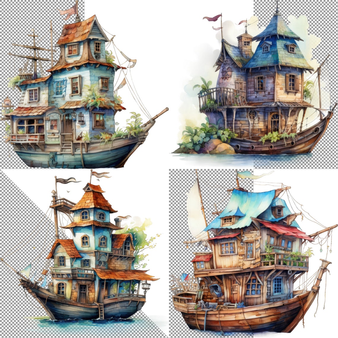 Pirate Ship Fairy House With Mermaid Figure Watercolor - Etsy