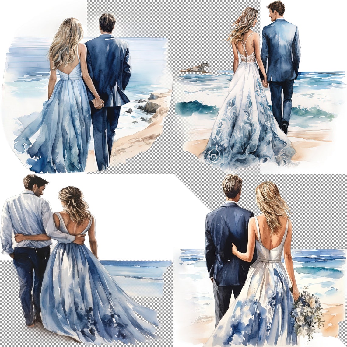 Blue Bride & Groom Clipart, Eternal Vows by the Ocean: Bride and Groom ...