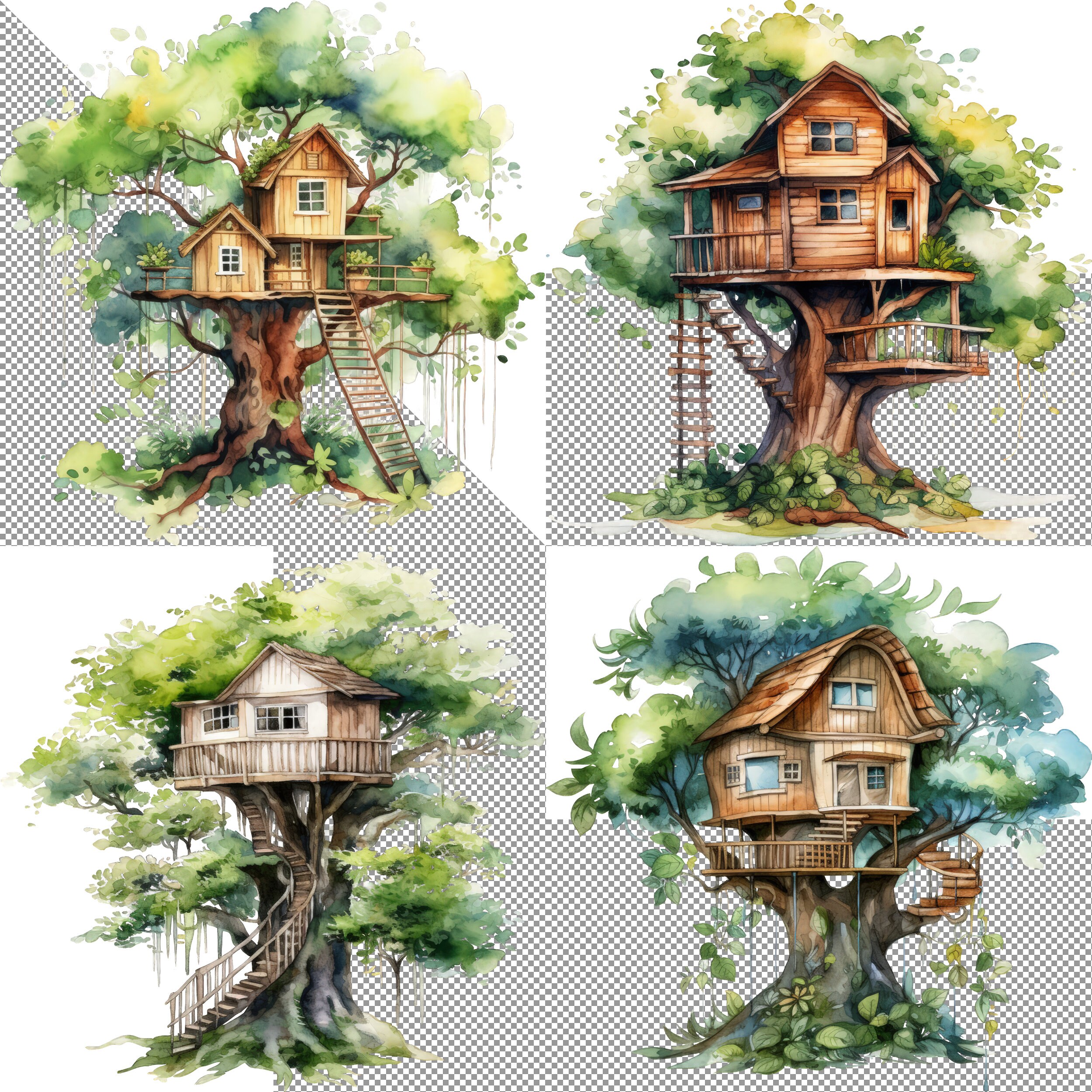 Treehouse Among Branches Clipart,fantasy Tree House Illustrations ...
