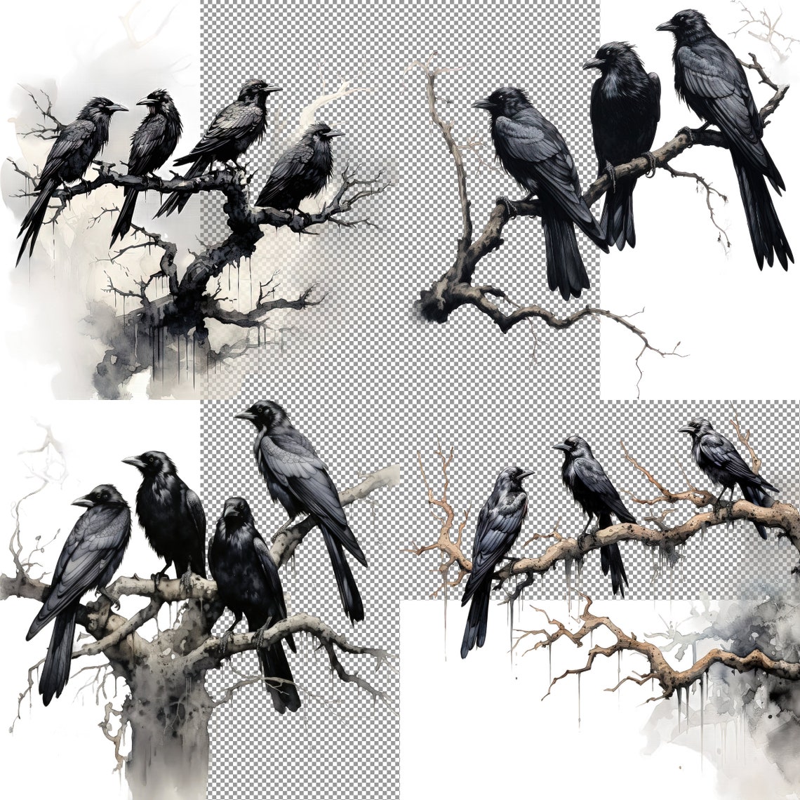 Black Ravens on Branch Clipart, Images for Shirts, Digital Sticker for ...