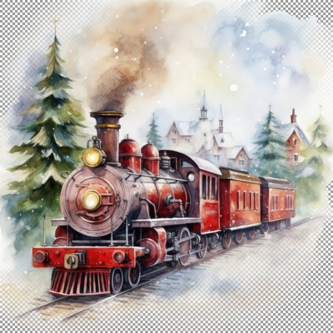 Vintage Christmas Train Watercolor Background, Art for Above Tv, Art ...