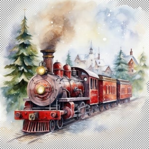 Vintage Christmas Train Watercolor Background, Art for Above Tv, Art ...