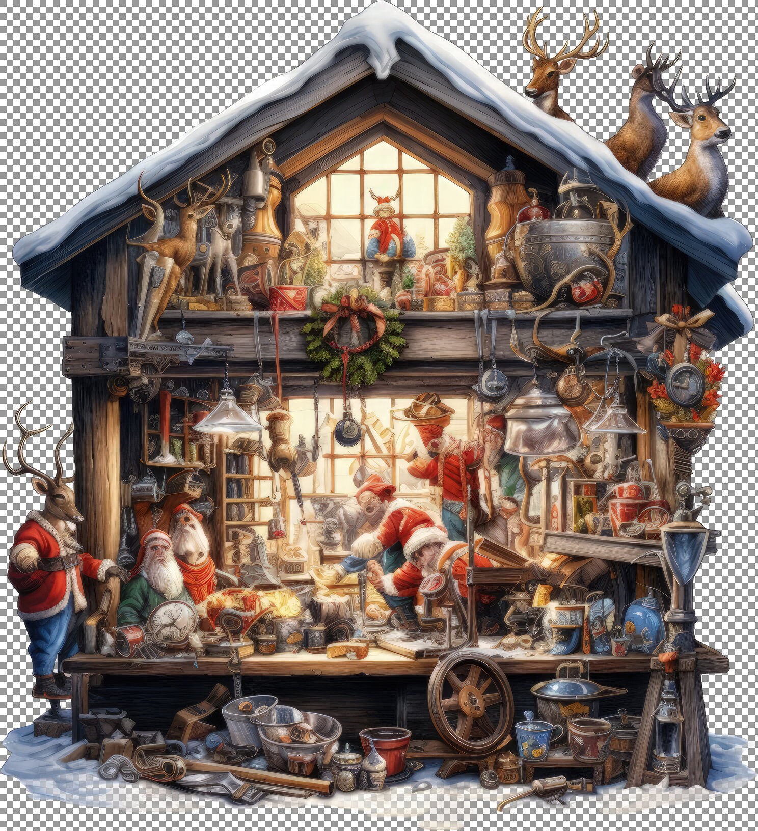 Santa's Workshop Clipart, Enchanted Glimpse Through a Window Watercolor ...