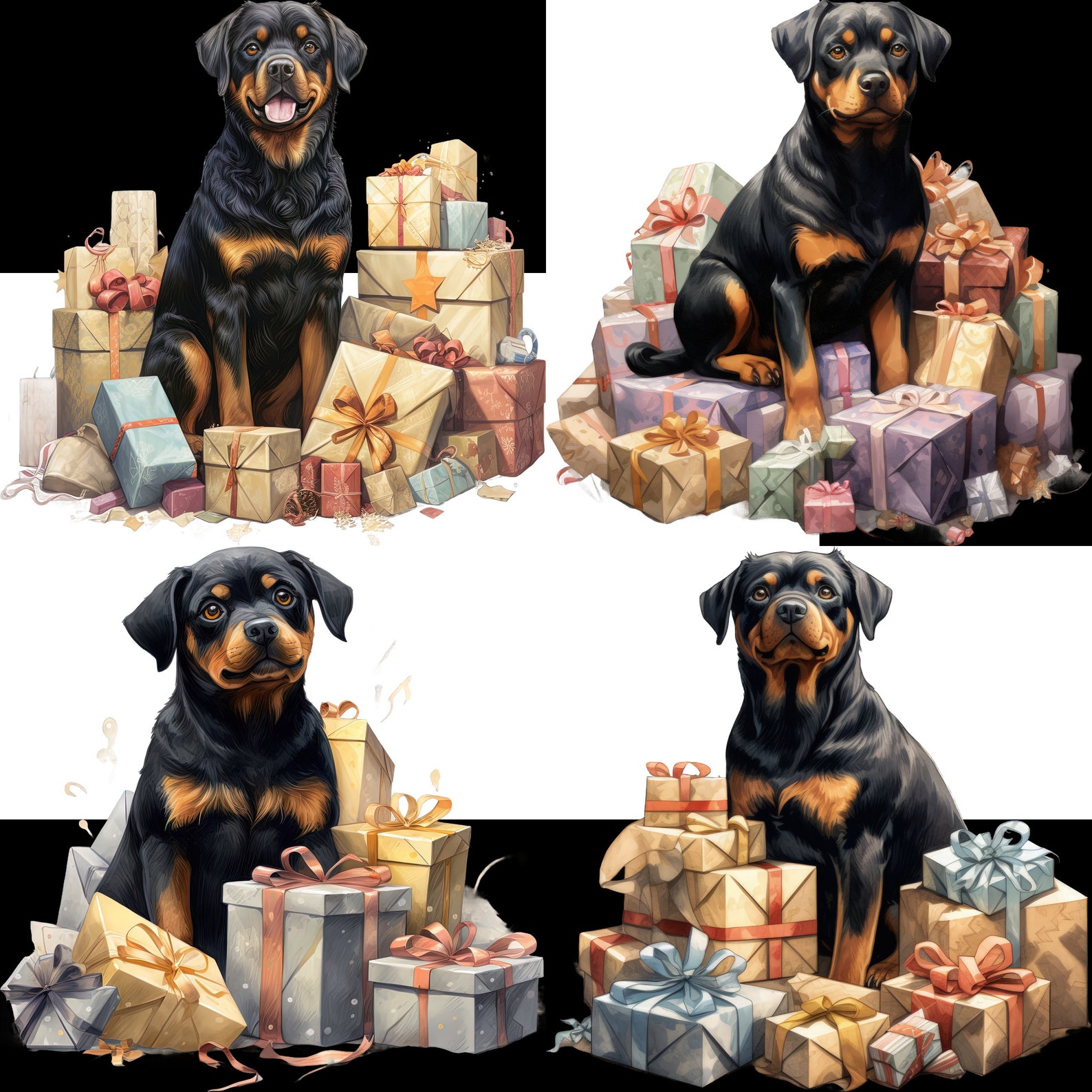 Festive Rottweiler Guarding Presents Clipart, Rottweiler in Christmas ...