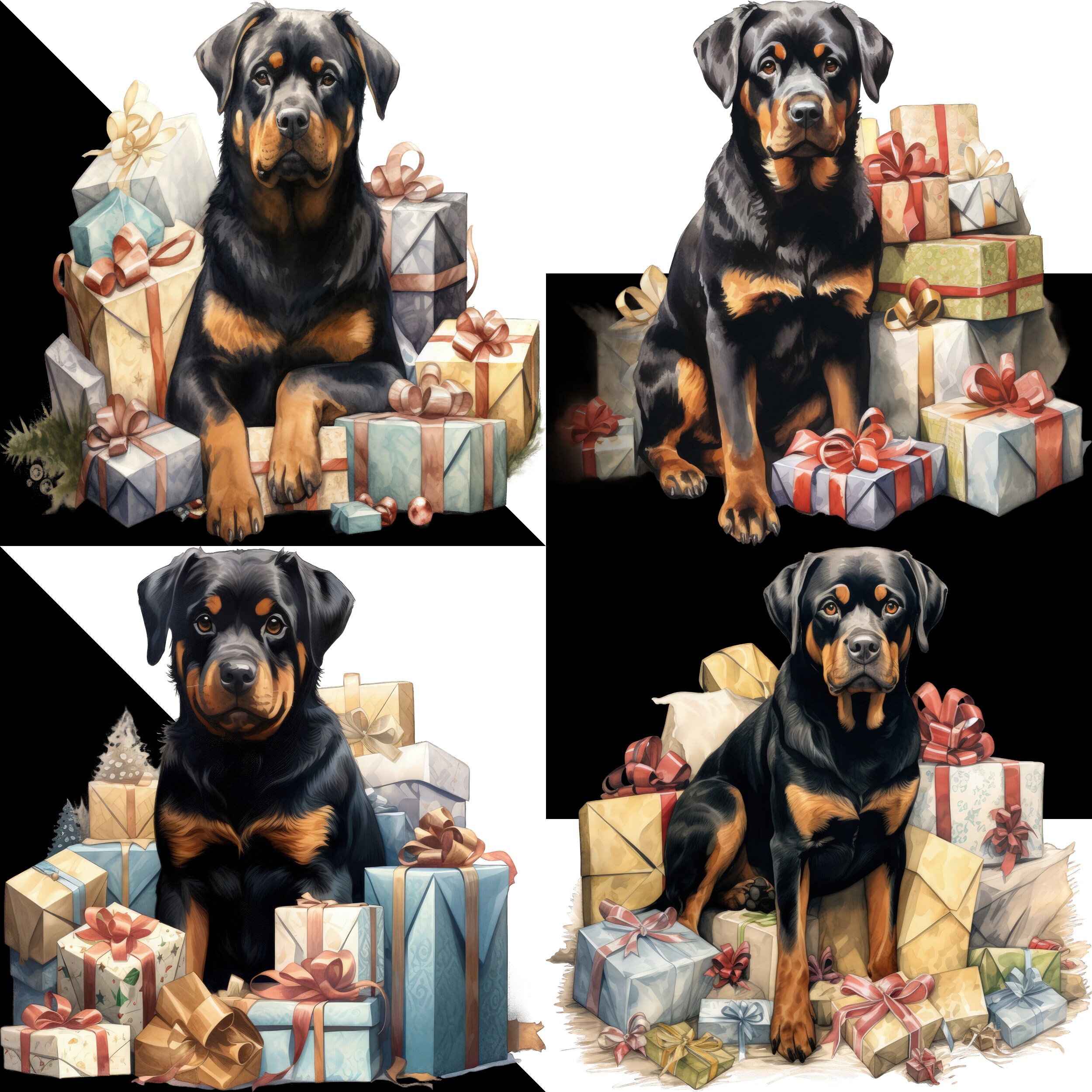 Festive Rottweiler Guarding Presents Clipart, Rottweiler in Christmas ...