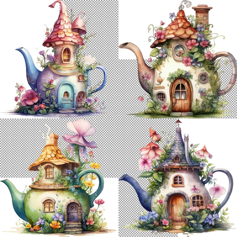 Teapot Fairy House With Spout Chimney Watercolor Clipart, Png ...