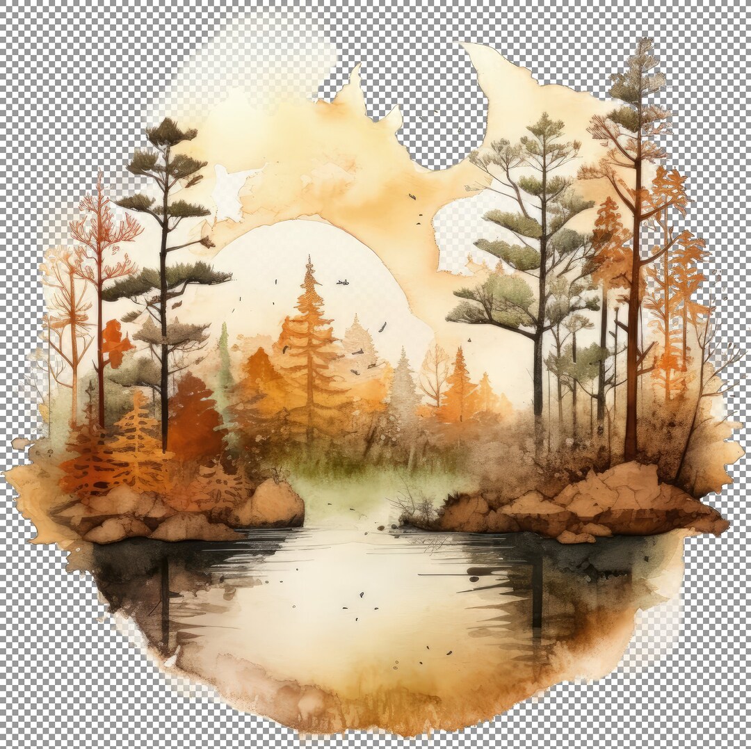 Floating Lake Scene Clipart, Nature's Lakeside Clipart Set: Watercolor ...