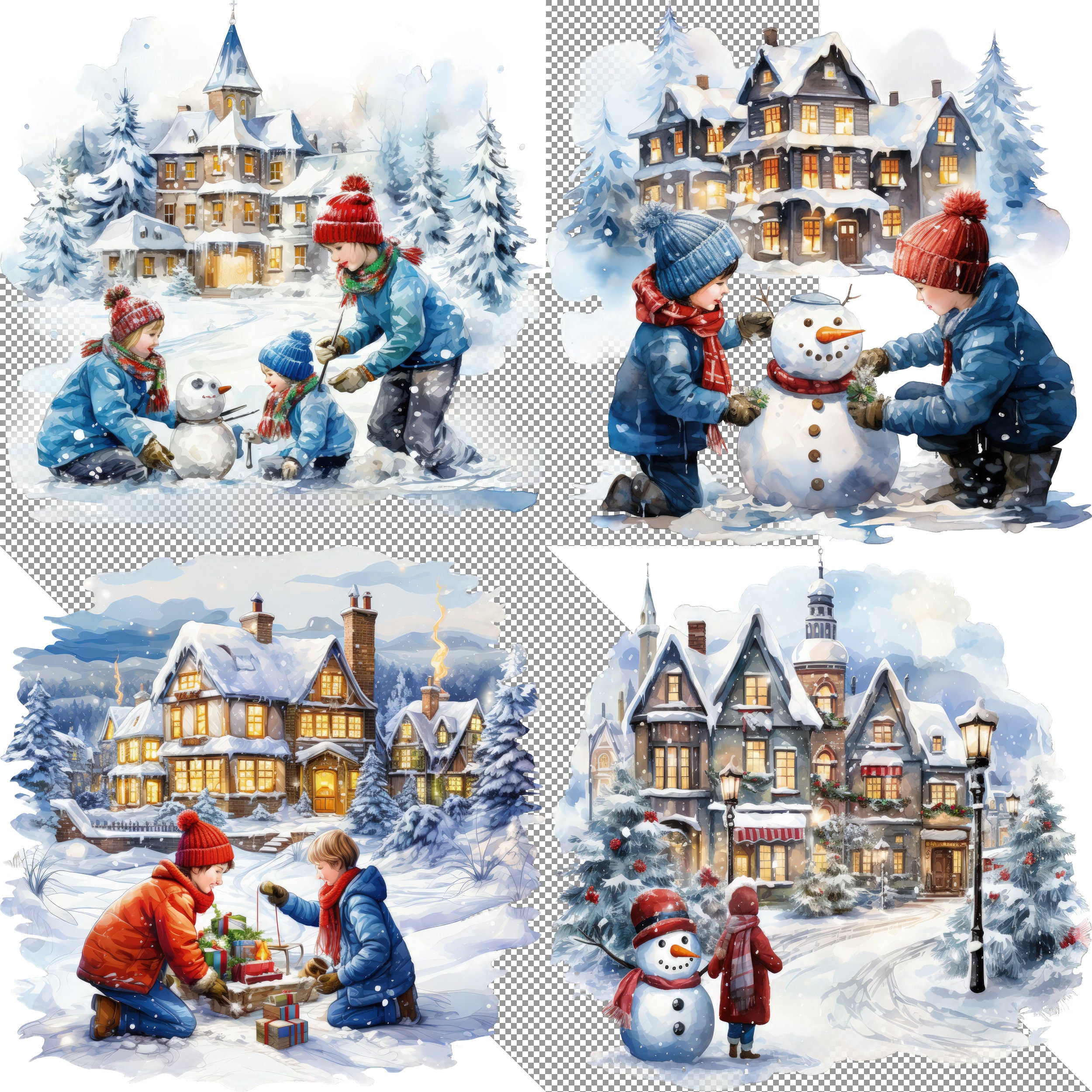 Kids' Winter Wonderland Clipart, Kids With Snowman Clipart: Winter Fun ...