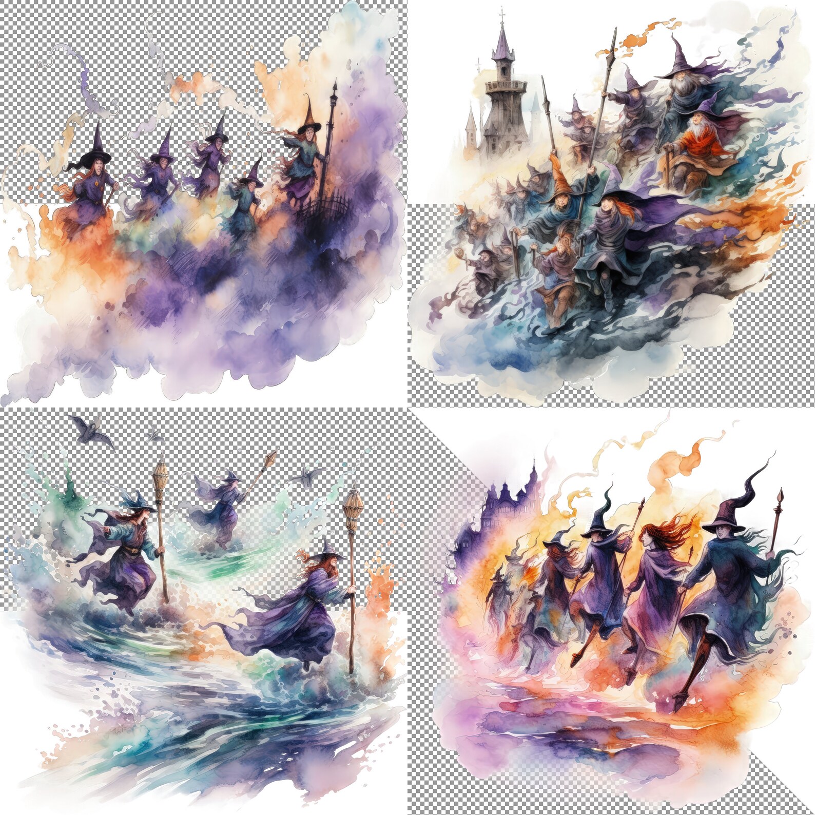 Magical Race of Witches and Wizards Watercolor Clipart, Design for ...