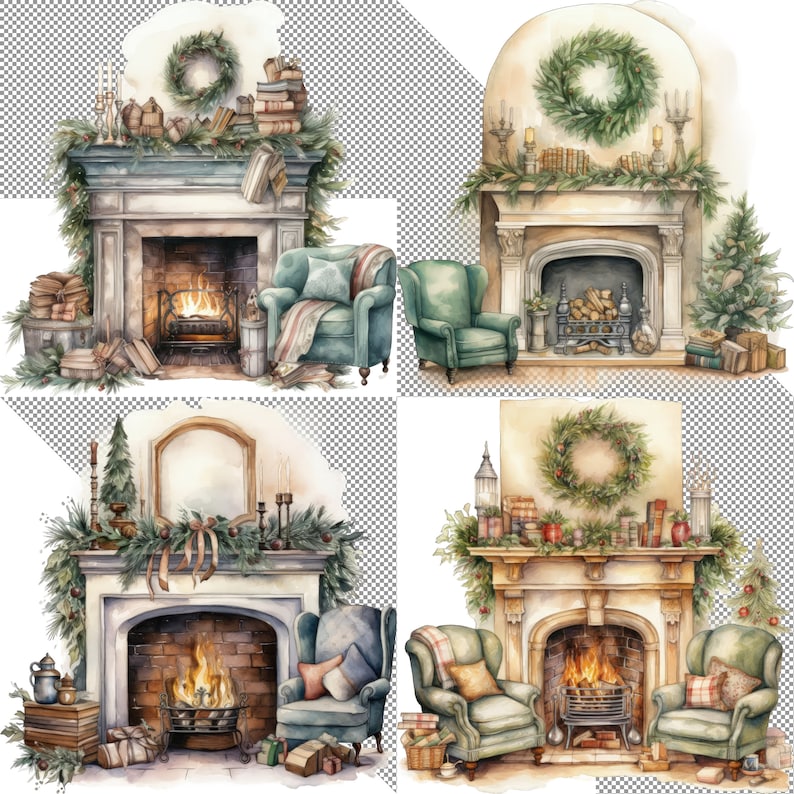 Christmas Room Clipart, Cozy Christmas Room With Mantel in Muted Colors ...