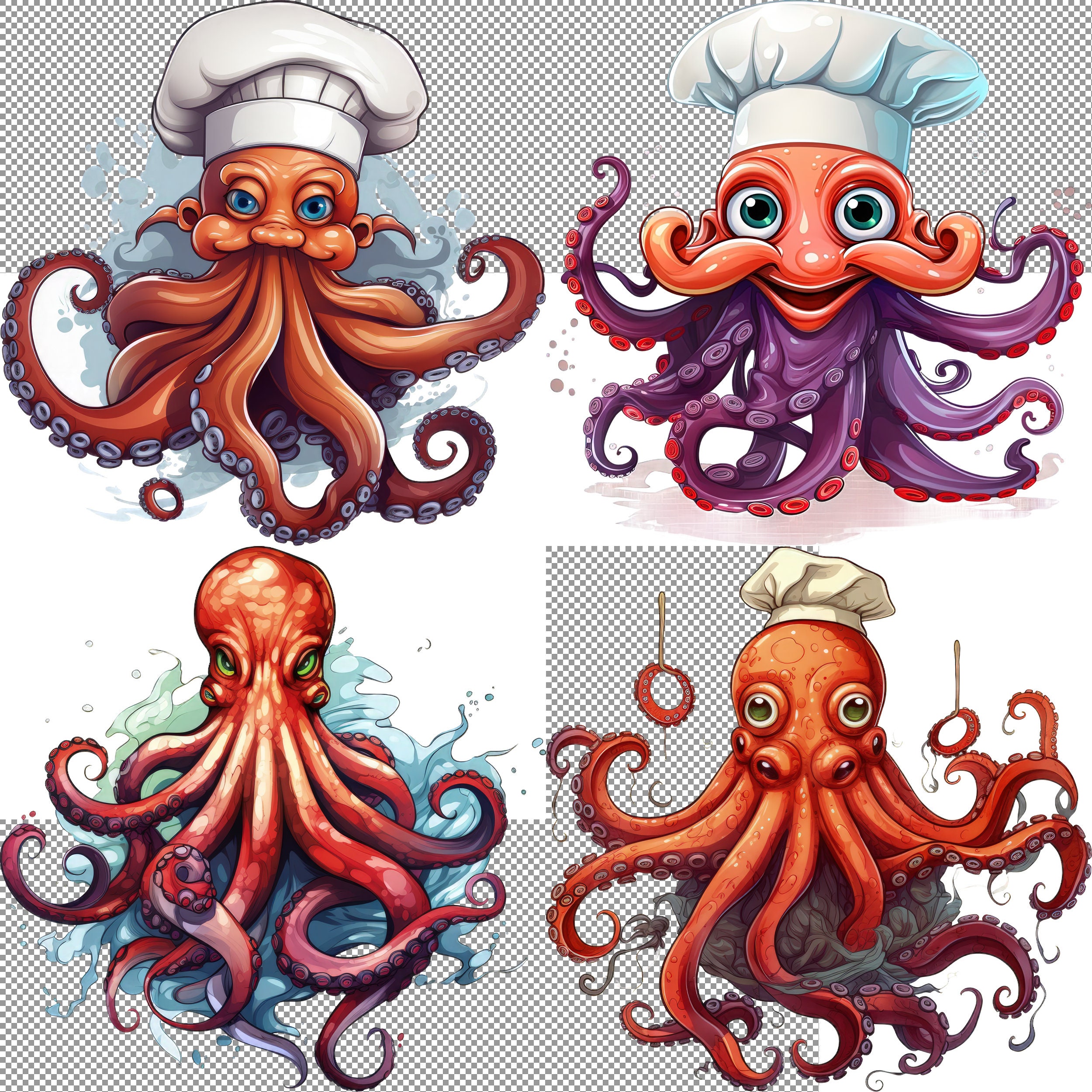 Octopus in Quirky Chef Aprons Clipart, Cooking Cephalopod Illustrations ...