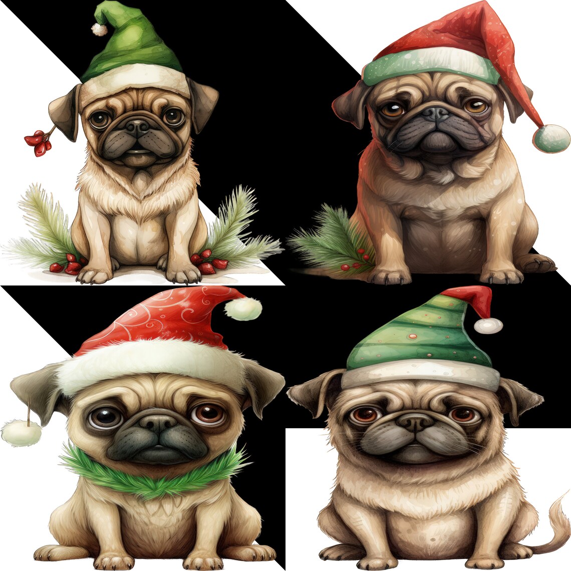 Festive Pug Elf Ears Clipart, Christmas Dog, Festive Pet Art, Pug ...