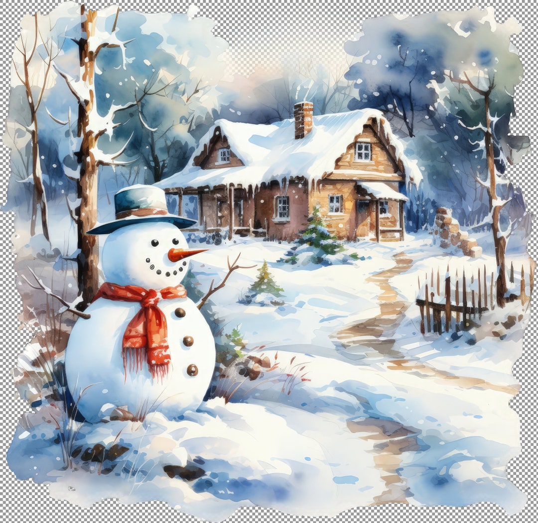 Snowman's Wooden House by a Frozen Pond Clipart, Snowy Village Clipart ...