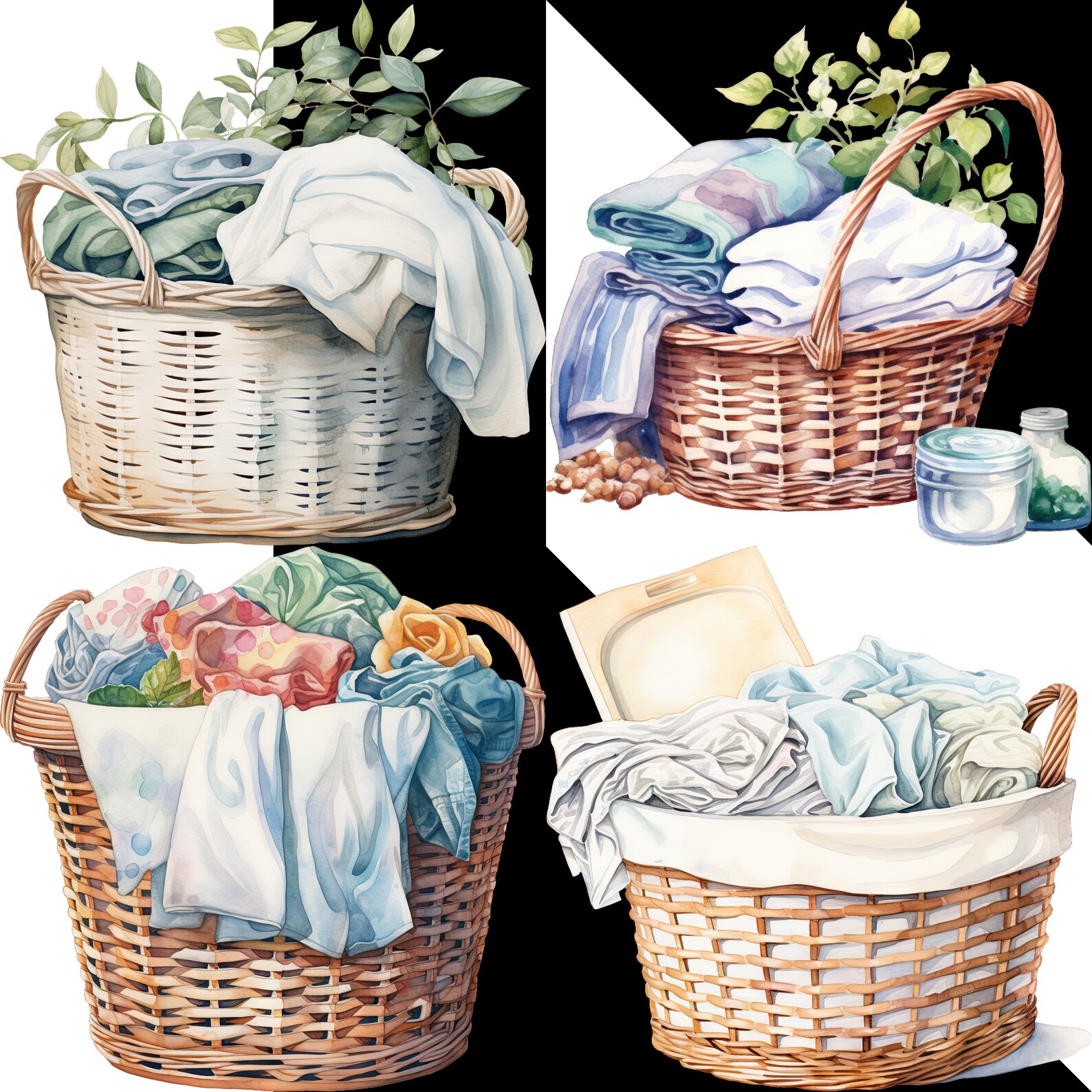Vantage Laundry Basket Watercolor PNG Clipart, Rustic Clothes Hamper ...