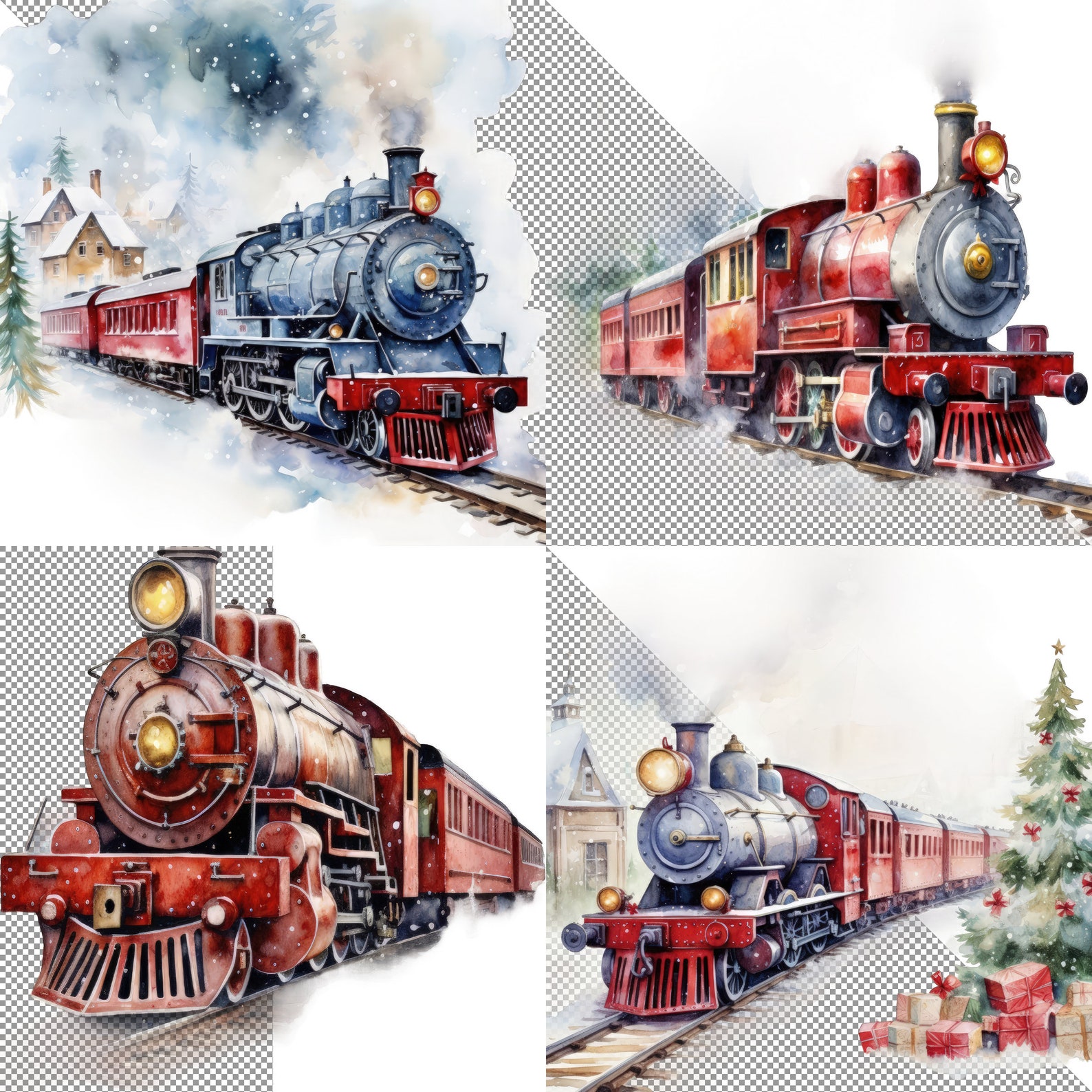Vintage Christmas Train Watercolor Background, Art for Above Tv, Art ...