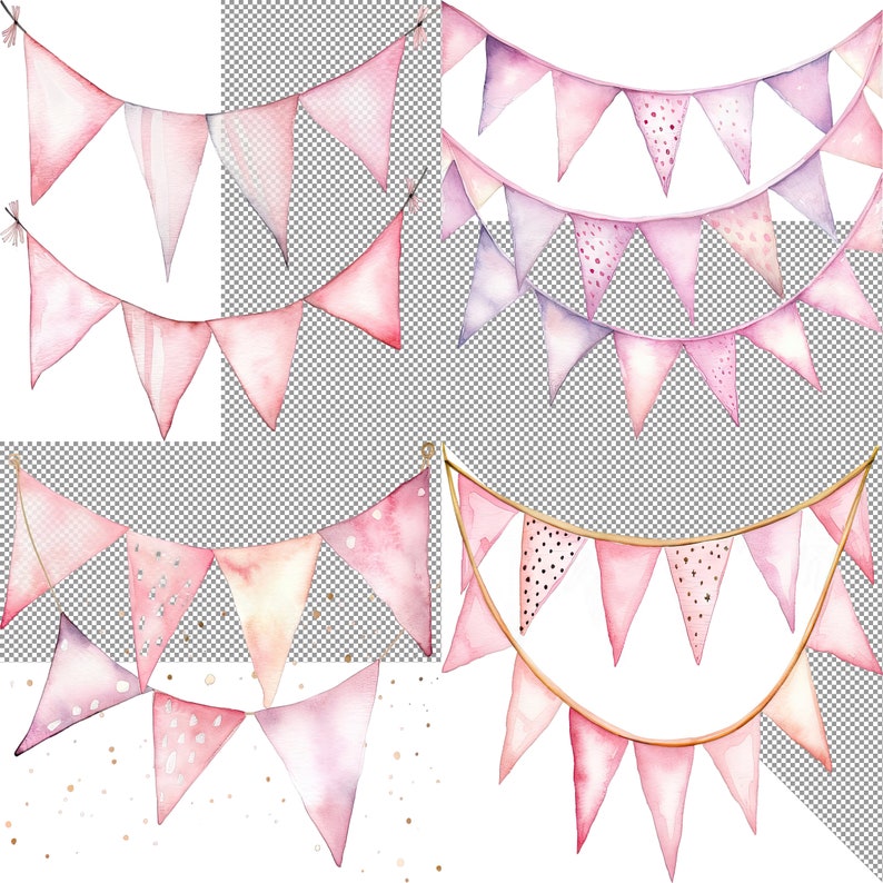 Baby Pink and Green Birthday Bunting watercolor Illustration - Etsy