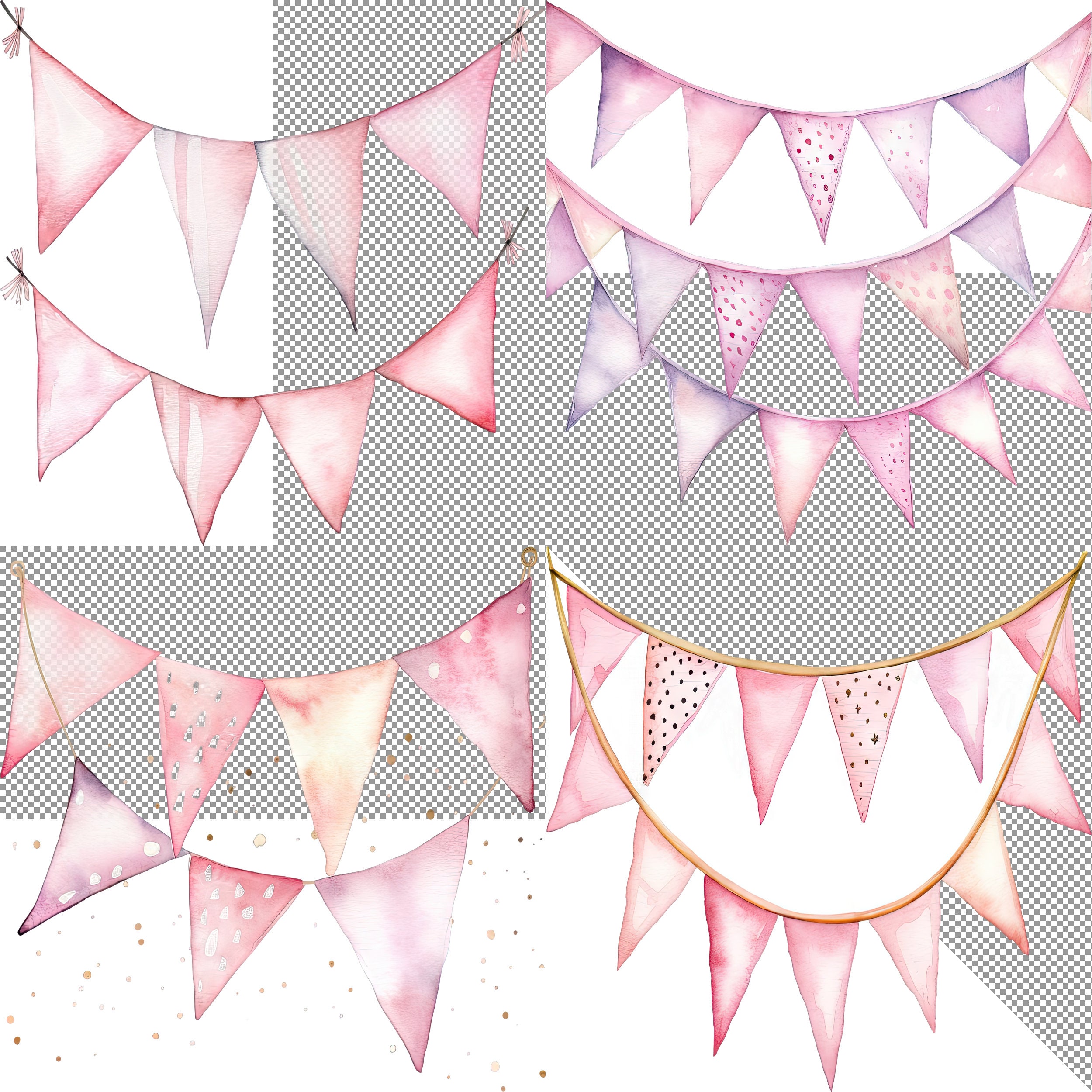 Baby Pink and Green Birthday Bunting ,watercolor Illustration, Digital ...