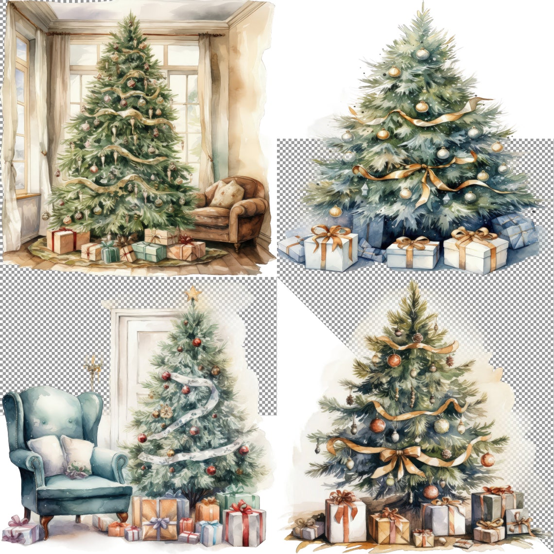 Decorated Christmas Tree Clipart, Watercolor Winter Clipart,decorated ...