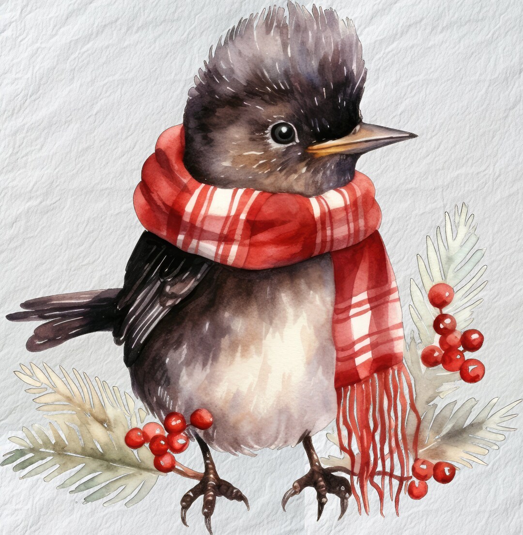 Black Wren With Santa Cap and Scarf PNG Watercolor Clipart, Watercolor ...