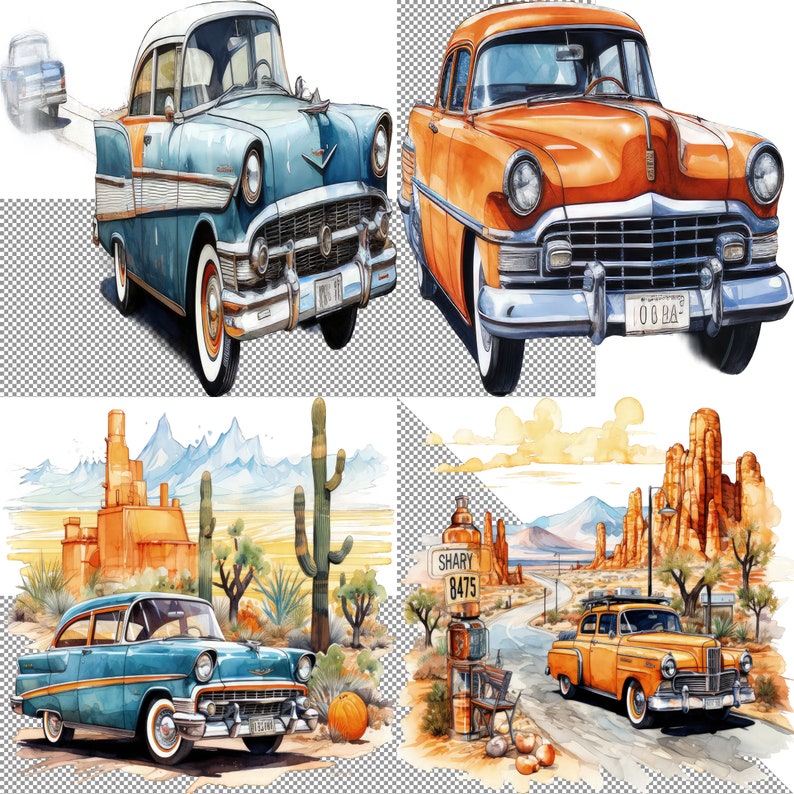Route 66 Road Trip Clipart, Vintage Route 66 Car Clipart Collection ...