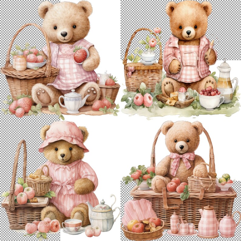Pink Teddy Bear's Picnic Watercolor Clipart, Designs for 40 Oz Tumbler ...