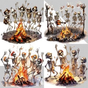 Halloween Skeletons Clipart, Cartoon Skeletons Dancing Around Fire ...