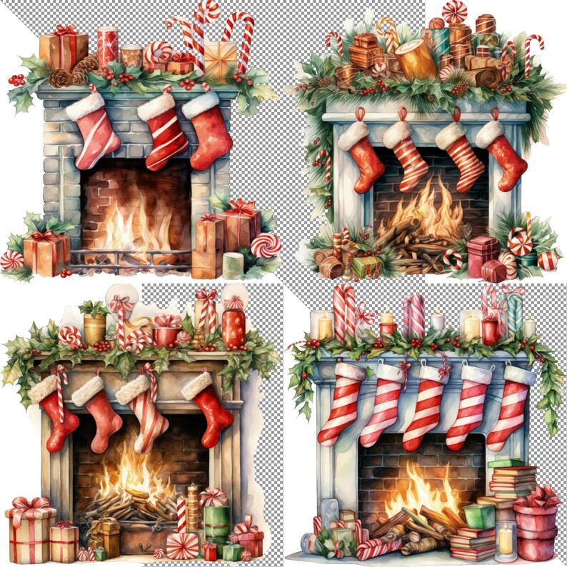 Stockings by the Festive Fireplace Clipart, Christmas Fireplace With ...
