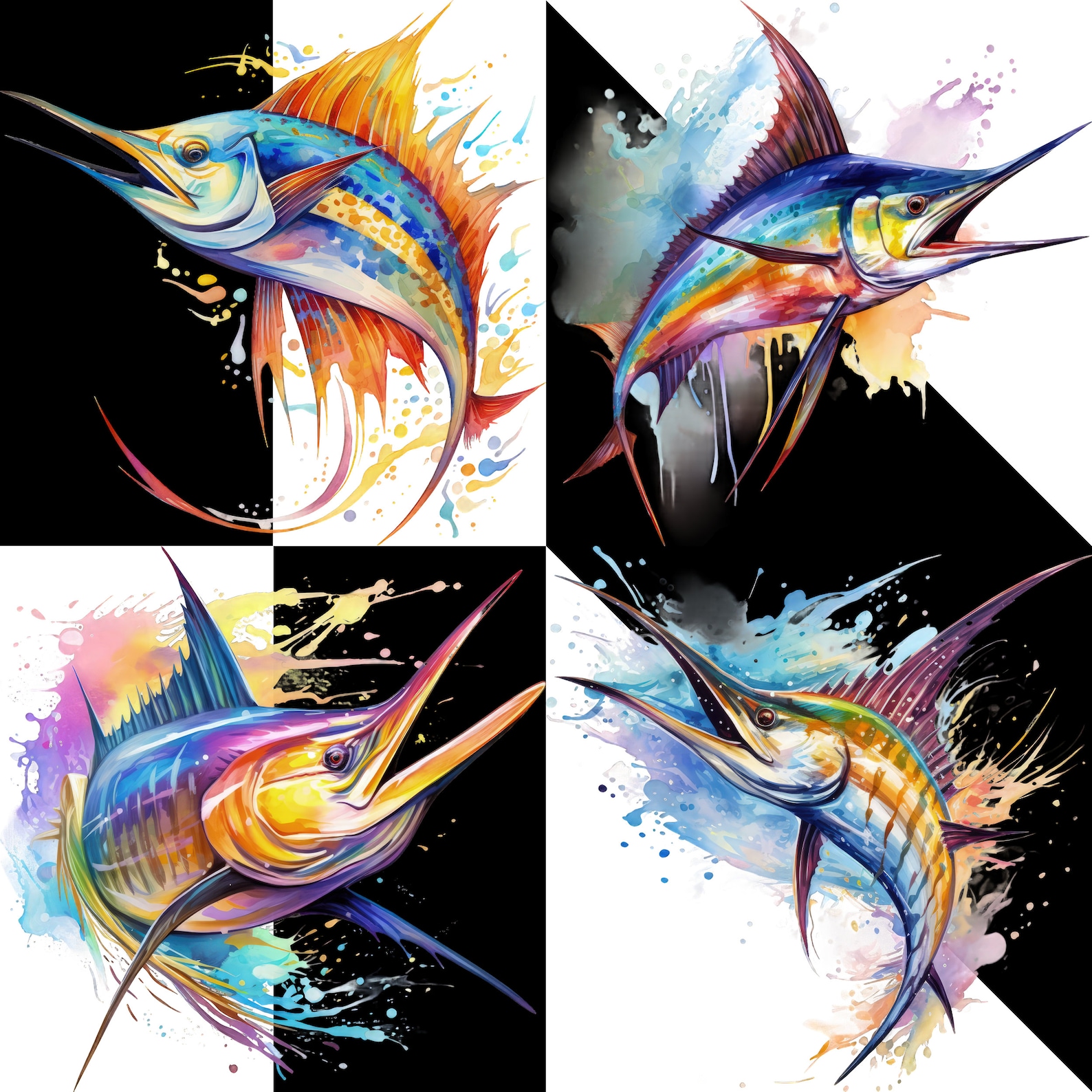 Marlin Clipart, Majestic Marlin Ocean Art Print,marlin Illustration Set ...