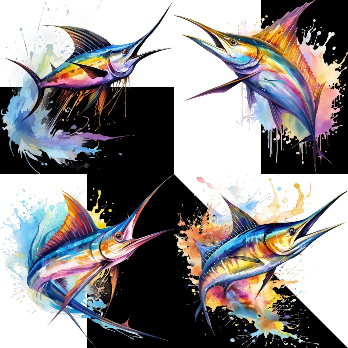 Marlin Clipart, Majestic Marlin Ocean Art Print,marlin Illustration Set ...