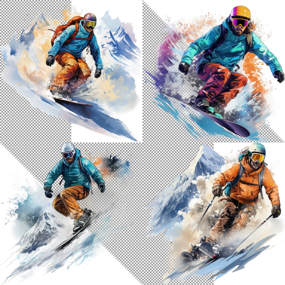 Snowboarder's Descent Clipart, Watercolor Winter Sports Clipart ...