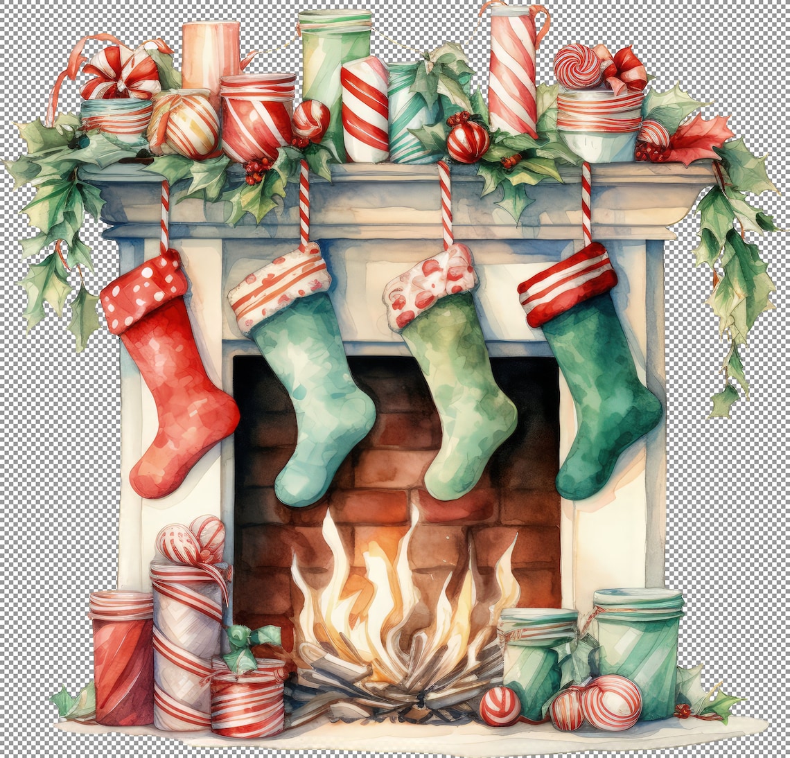 Stockings by the Festive Fireplace Clipart, Christmas Fireplace With ...