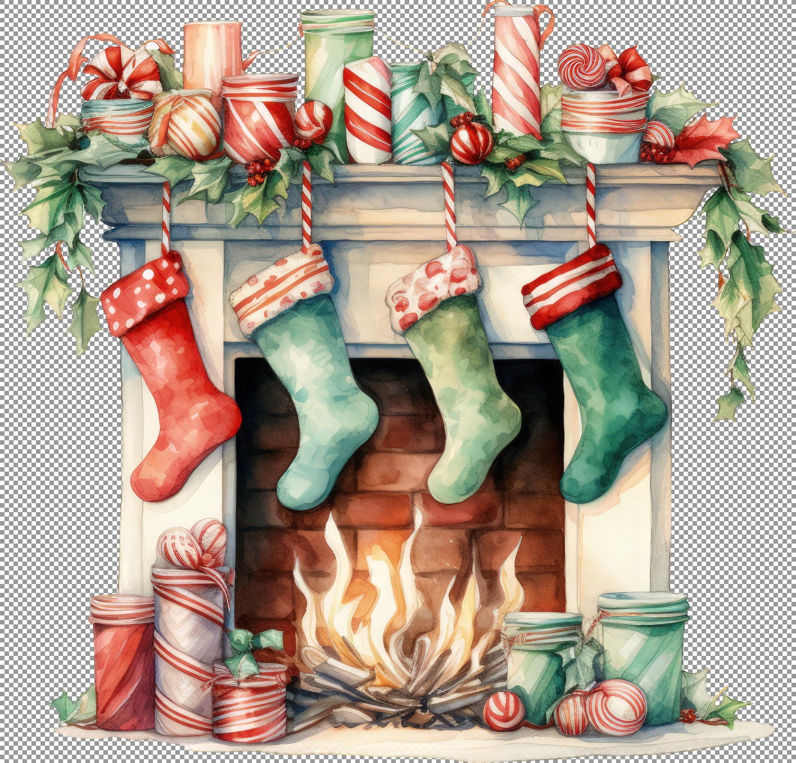 Stockings by the Festive Fireplace Clipart, Christmas Fireplace With ...