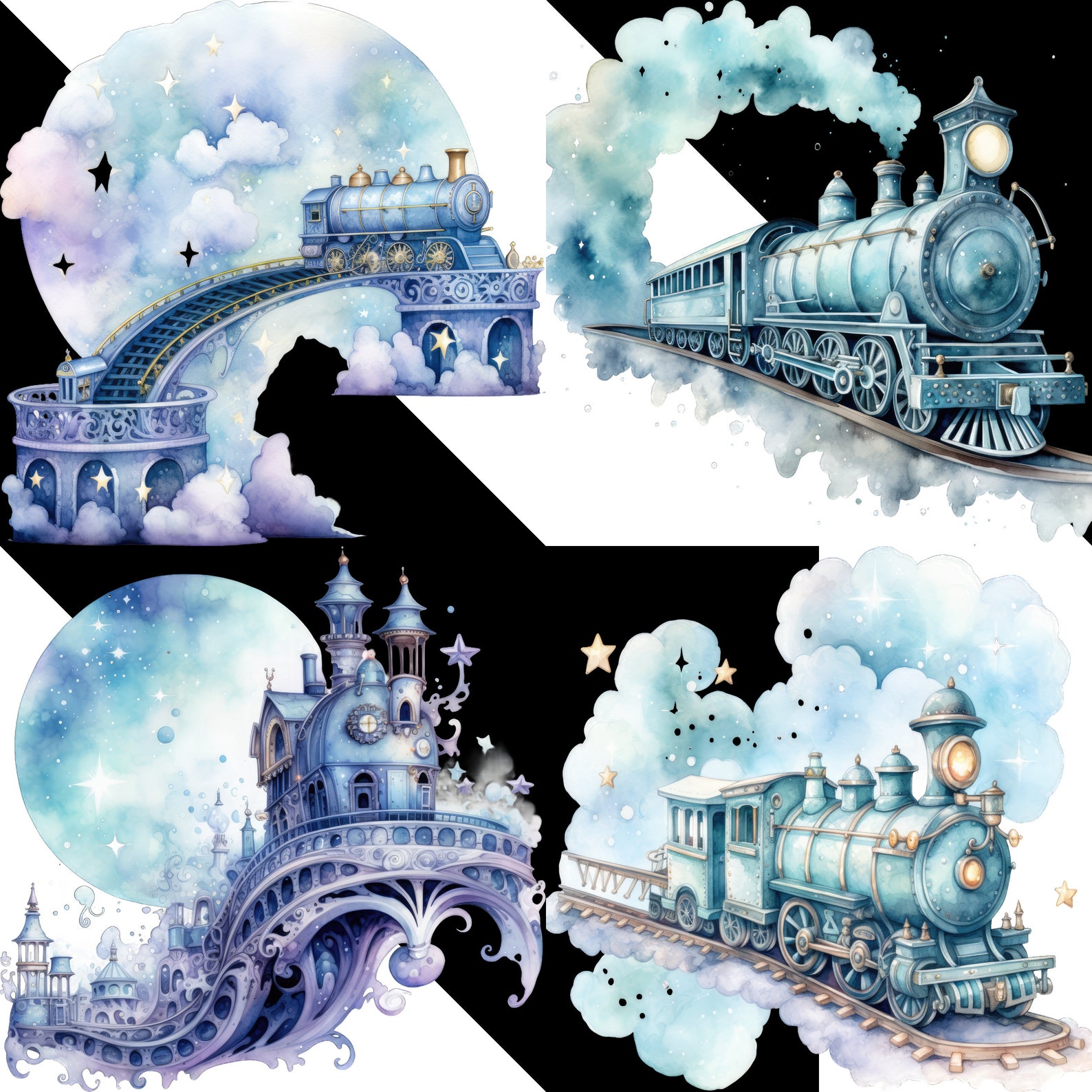 Whimsical Train Bridge Clipart, Whimsical Train Bridge Scene, Cute ...