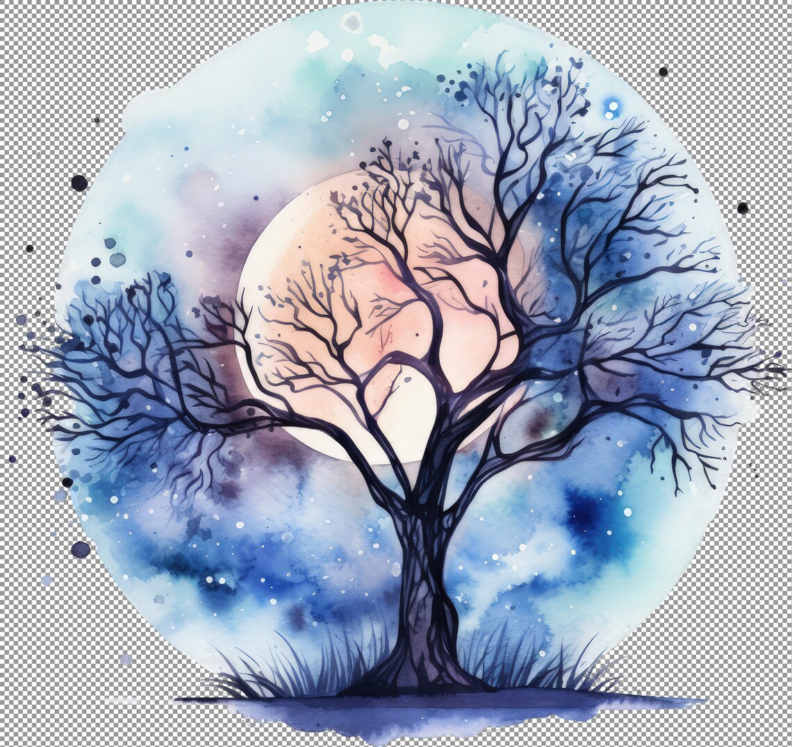 Moonlight Tree Clipart Watercolor Mystical Moonlit Moonlight - Etsy