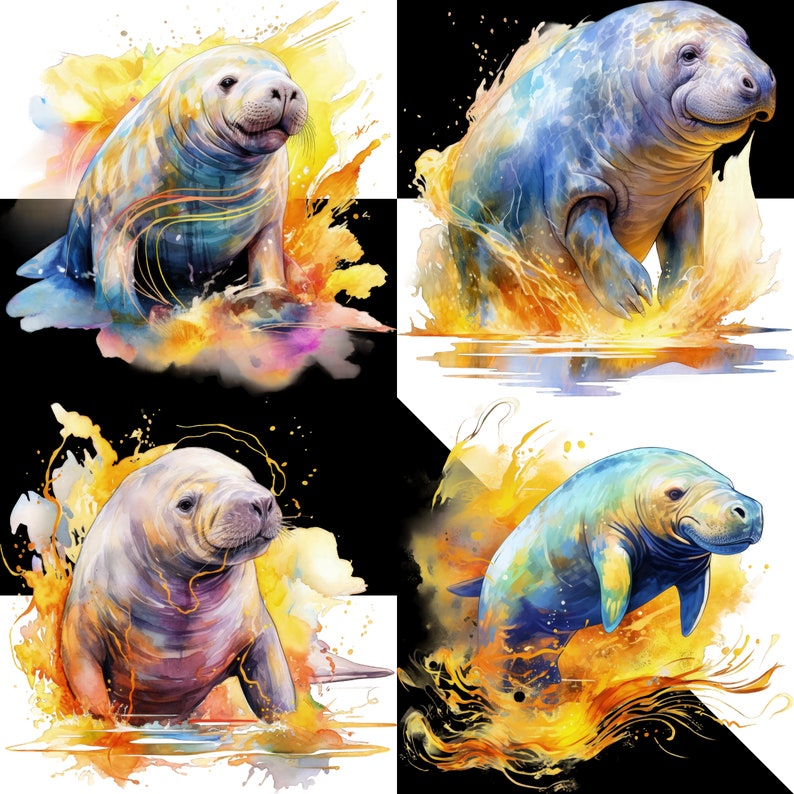 Manatee Illustration,graceful Manatee Art Print Collection,underwater ...