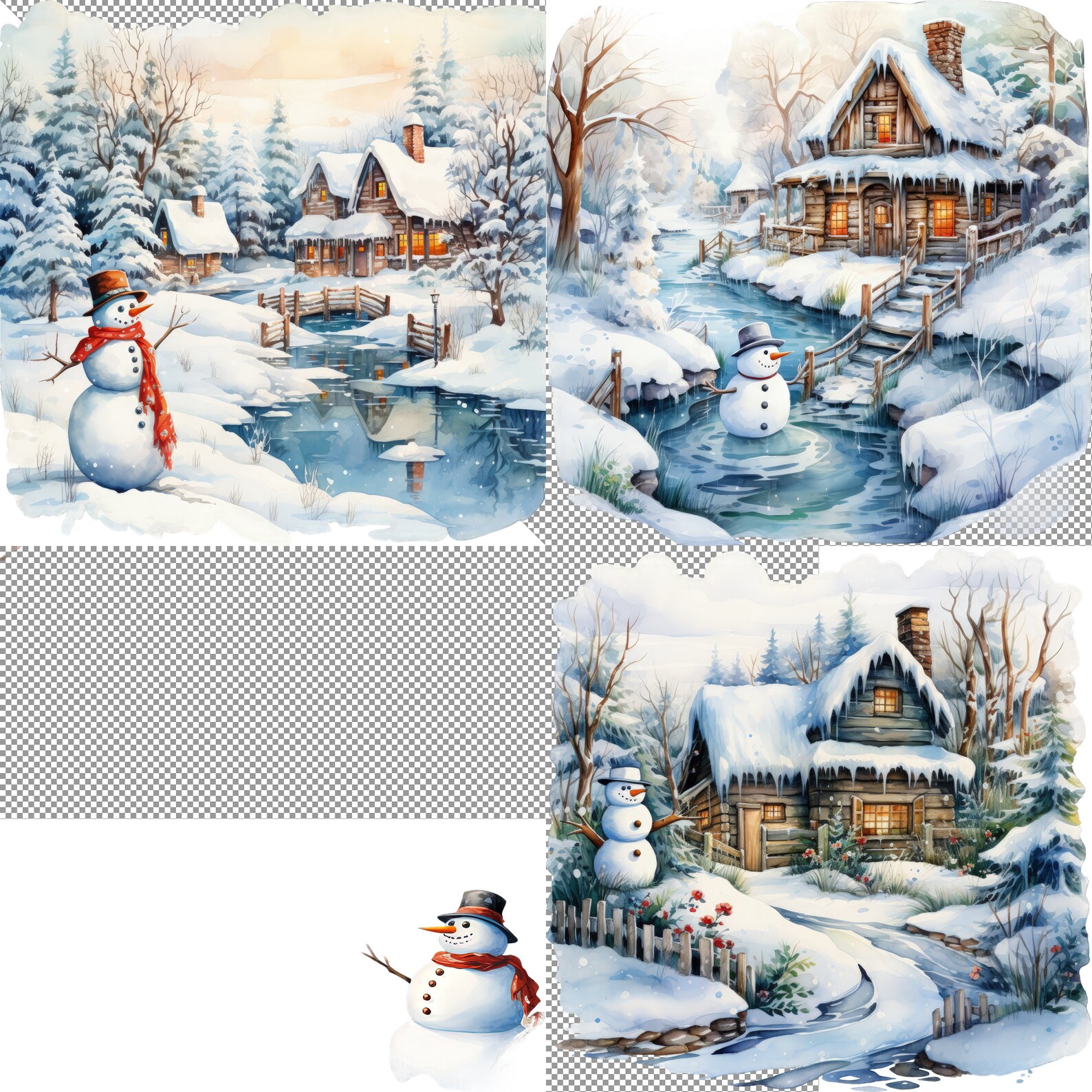 Snowman's Wooden House by a Frozen Pond Clipart, Snowy Village Clipart ...